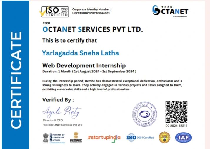 Completed Web Development internship at Octanet Services | Snehalatha ... Completed Web Development internship at Octanet Services | Snehalatha ...