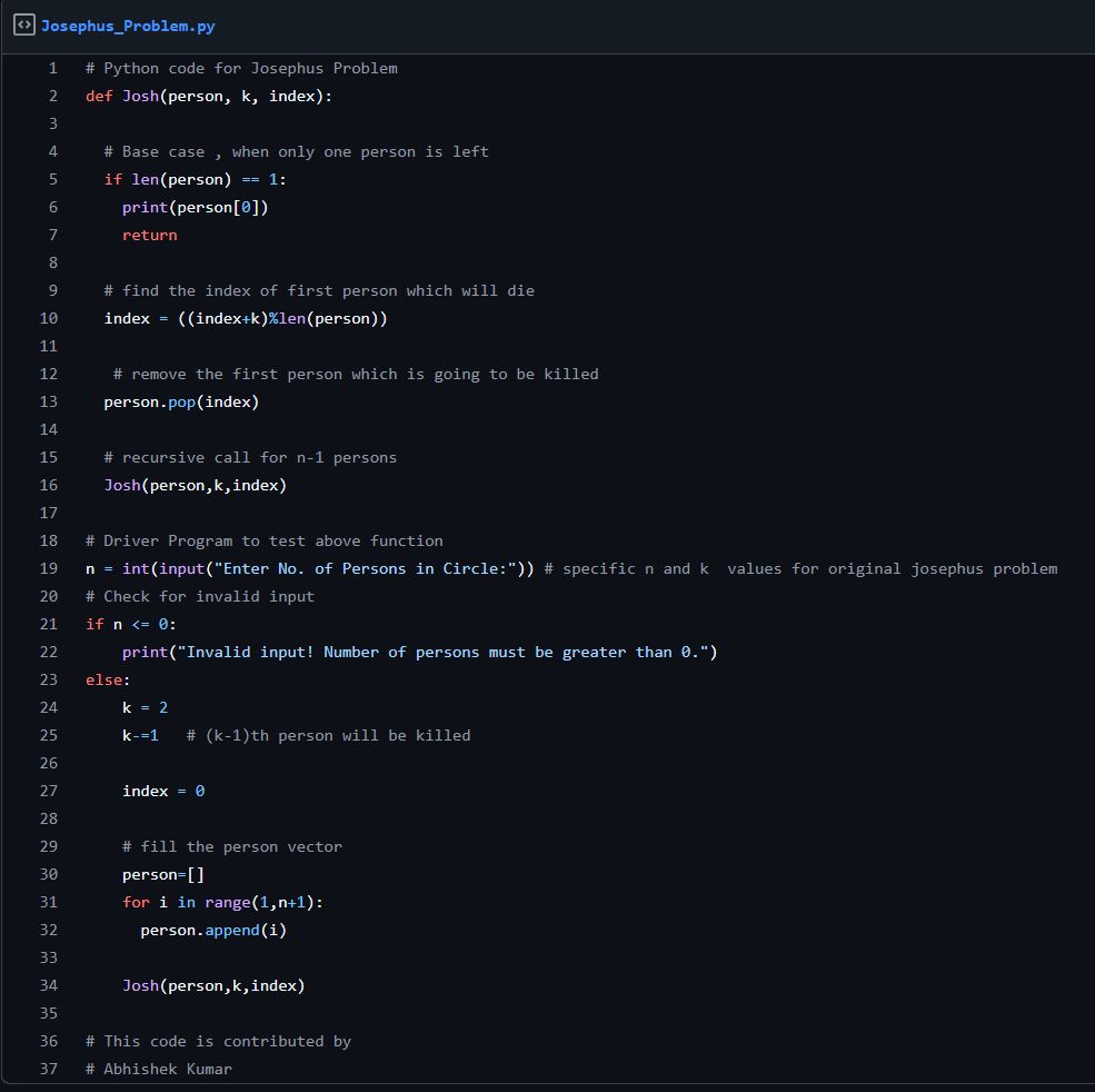 🔍 Solving the Josephus Problem using Recursion in Python 🐍 The Josephus ... 🔍 Solving the Josephus Problem using Recursion in Python 🐍 The Josephus ...
