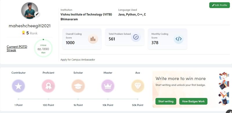 I earned a GeeksforGeeks Rank 5! | Cheegiti Mahesh posted on the topic ... I earned a GeeksforGeeks Rank 5! | Cheegiti Mahesh posted on the topic ...