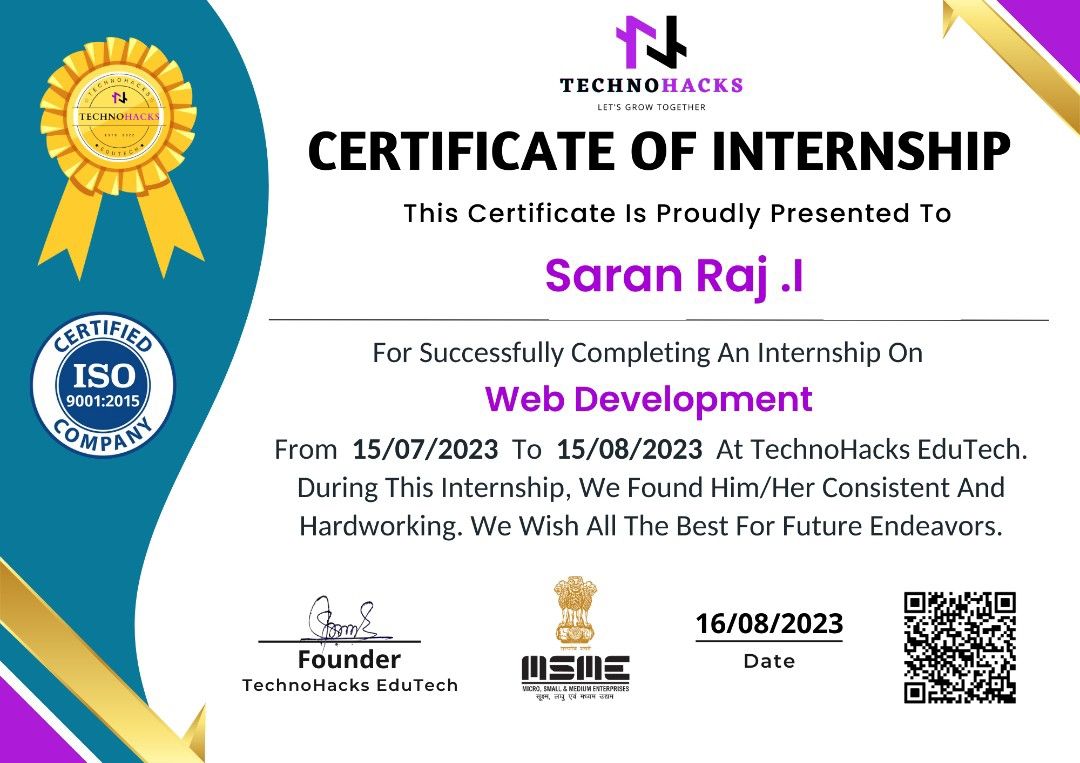 Saran Raj on LinkedIn: #internshipcompletion #technohacksedutech # ... Saran Raj on LinkedIn: #internshipcompletion #technohacksedutech # ...