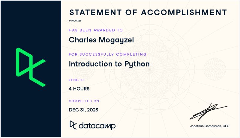 Charles Mogayzel on LinkedIn: Finished Introduction to Python and have ... Charles Mogayzel on LinkedIn: Finished Introduction to Python and have ...