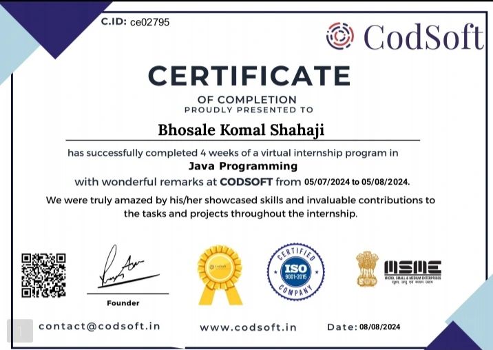 #codesoft #javainternship | Komal Bhosale #codesoft #javainternship | Komal Bhosale