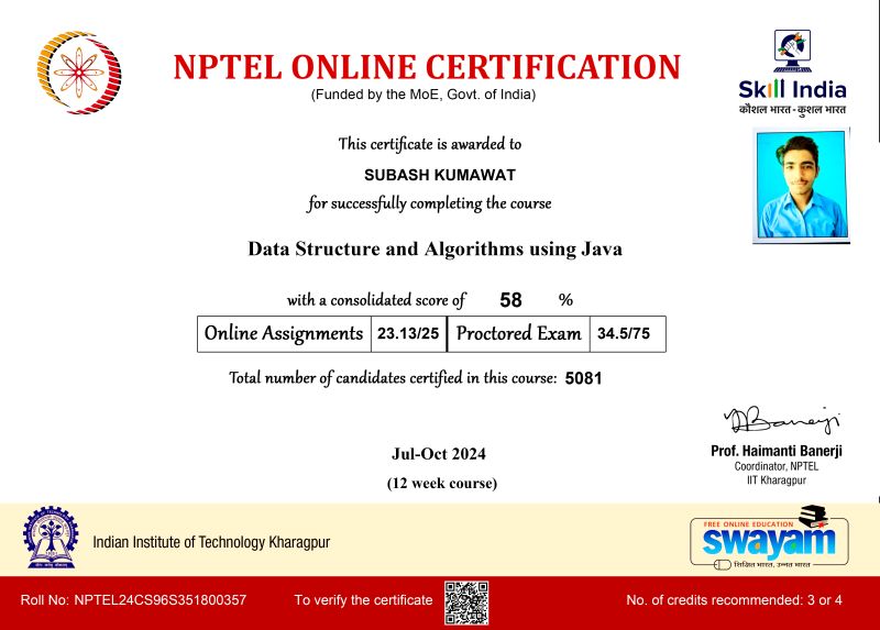 Subhash Kumawat on LinkedIn: #certification #nptel #datastructures # ... Subhash Kumawat on LinkedIn: #certification #nptel #datastructures # ...