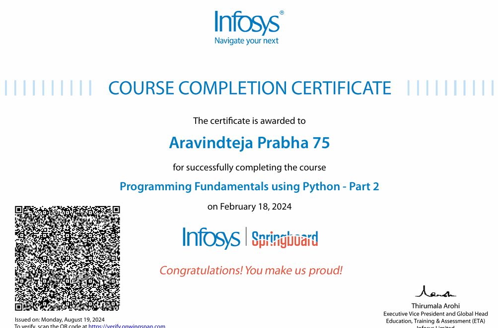 BASTIPADU ARAVINDTEJA on LinkedIn: #python #infosys #springboard BASTIPADU ARAVINDTEJA on LinkedIn: #python #infosys #springboard