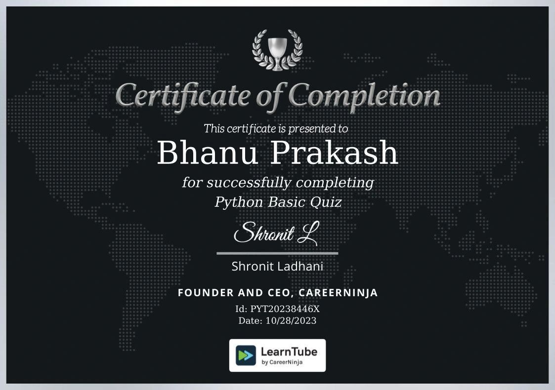 Bhanu Prakash S on LinkedIn: Completed python basic ..... was a good ... Bhanu Prakash S on LinkedIn: Completed python basic ..... was a good ...