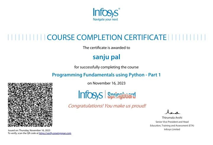Sanju Pal on LinkedIn: #infosysspringboard #programmingskills #python Sanju Pal on LinkedIn: #infosysspringboard #programmingskills #python