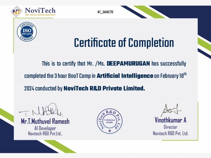 Completed NoviTech AI Boot Camp! | Deepa Murugan posted on the topic ... Completed NoviTech AI Boot Camp! | Deepa Murugan posted on the topic ...