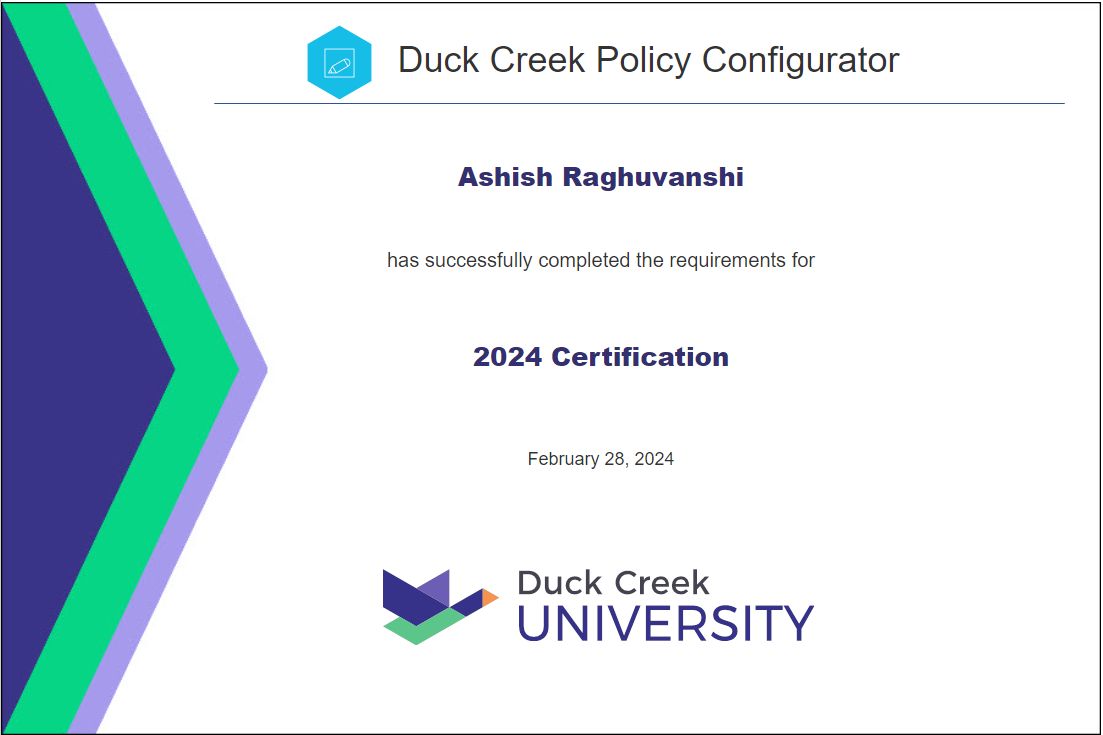 Ashish Raghuvanshi on LinkedIn: #duckcreek #policy #certification Ashish Raghuvanshi on LinkedIn: #duckcreek #policy #certification