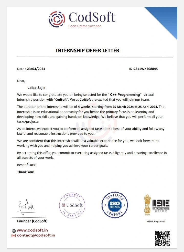 #internship #codsoft #offerletter | LAIBA SAJID #internship #codsoft #offerletter | LAIBA SAJID