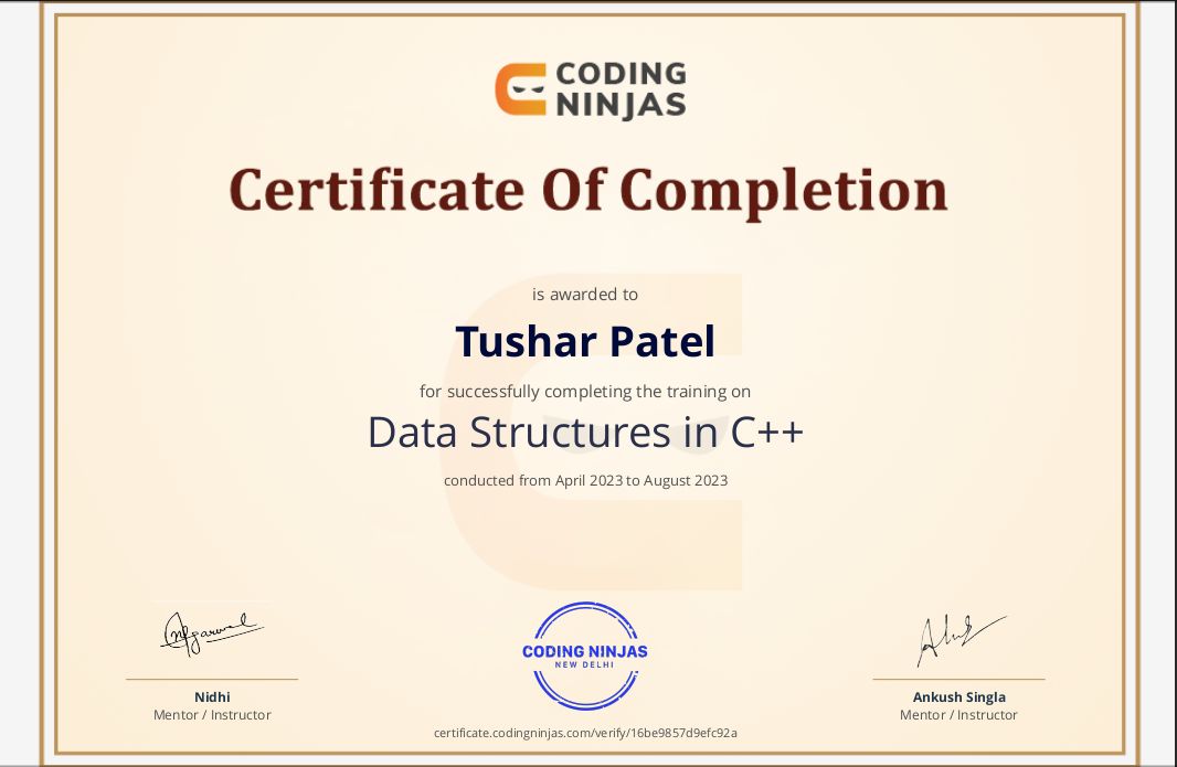 Finished Data Structures and Algorithms course at Coding Ninjas ... Finished Data Structures and Algorithms course at Coding Ninjas ...