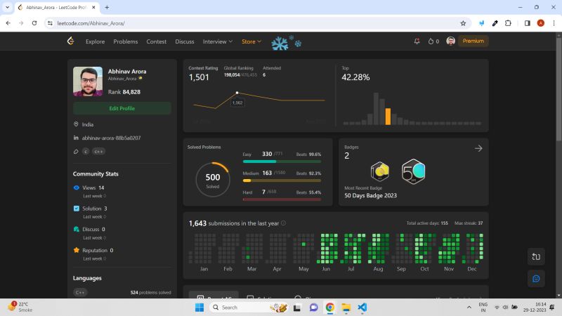 Completed 500 LeetCode problems! | Abhinav Arora posted on the topic ... Completed 500 LeetCode problems! | Abhinav Arora posted on the topic ...