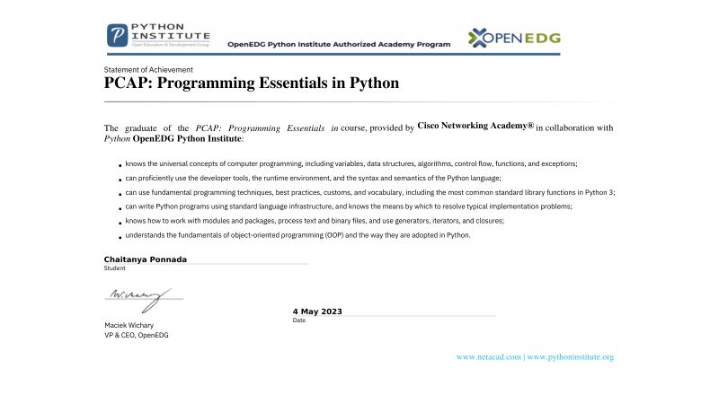 Chaitanya Ponnada on LinkedIn: #cisco #python #programming #certification Chaitanya Ponnada on LinkedIn: #cisco #python #programming #certification