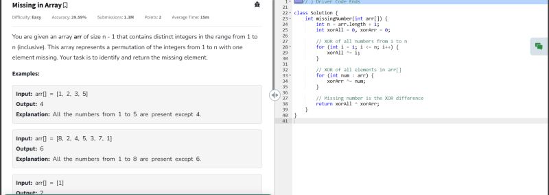 Solved a DSA problem on GeeksforGeeks ! 📌 Problem: Missing in Array ... Solved a DSA problem on GeeksforGeeks ! 📌 Problem: Missing in Array ...
