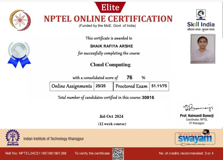 Cloud Computing Nptel Certificate. | S.Rafiya Arshe Cloud Computing Nptel Certificate. | S.Rafiya Arshe