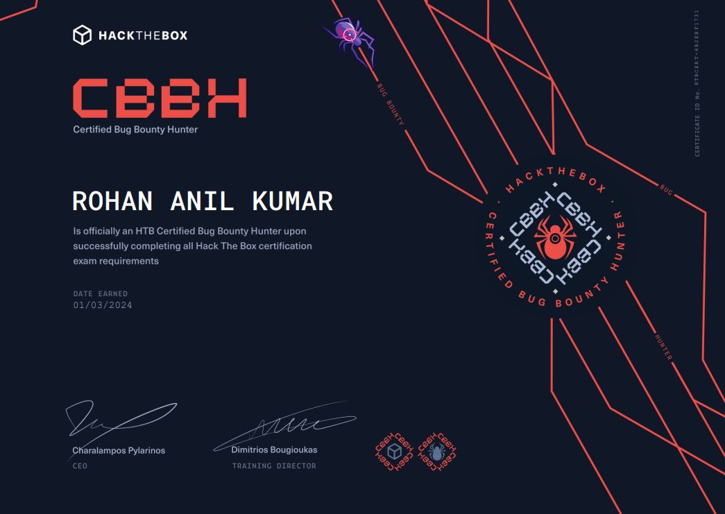 ROHAN ANIL KUMAR on LinkedIn: Hack The Box Certified Bug Bounty Hunter ROHAN ANIL KUMAR on LinkedIn: Hack The Box Certified Bug Bounty Hunter