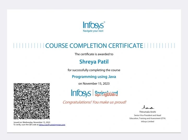 Completed java course with infosys | SHREYA PATIL posted on the topic ... Completed java course with infosys | SHREYA PATIL posted on the topic ...