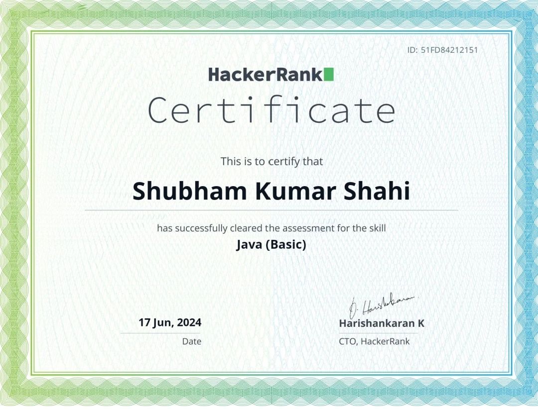 Passed HackerRank JAVA Certification Test | Shubham Kumar Shahi posted ... Passed HackerRank JAVA Certification Test | Shubham Kumar Shahi posted ...