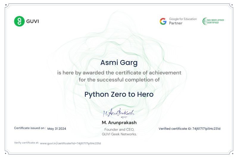Asmi Garg on LinkedIn: #python #programming #certificate #guvi # ... Asmi Garg on LinkedIn: #python #programming #certificate #guvi # ...