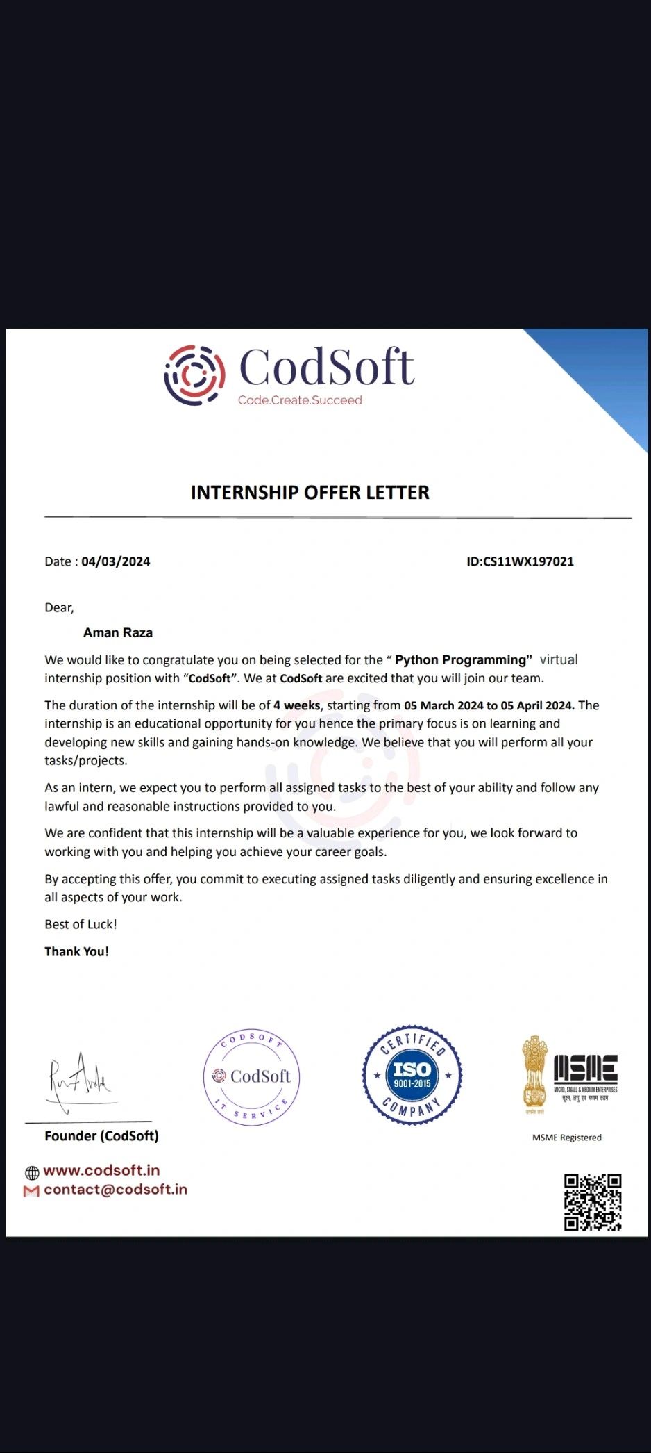 Aman Raza on LinkedIn: Internship offer letter for python programming ... Aman Raza on LinkedIn: Internship offer letter for python programming ...