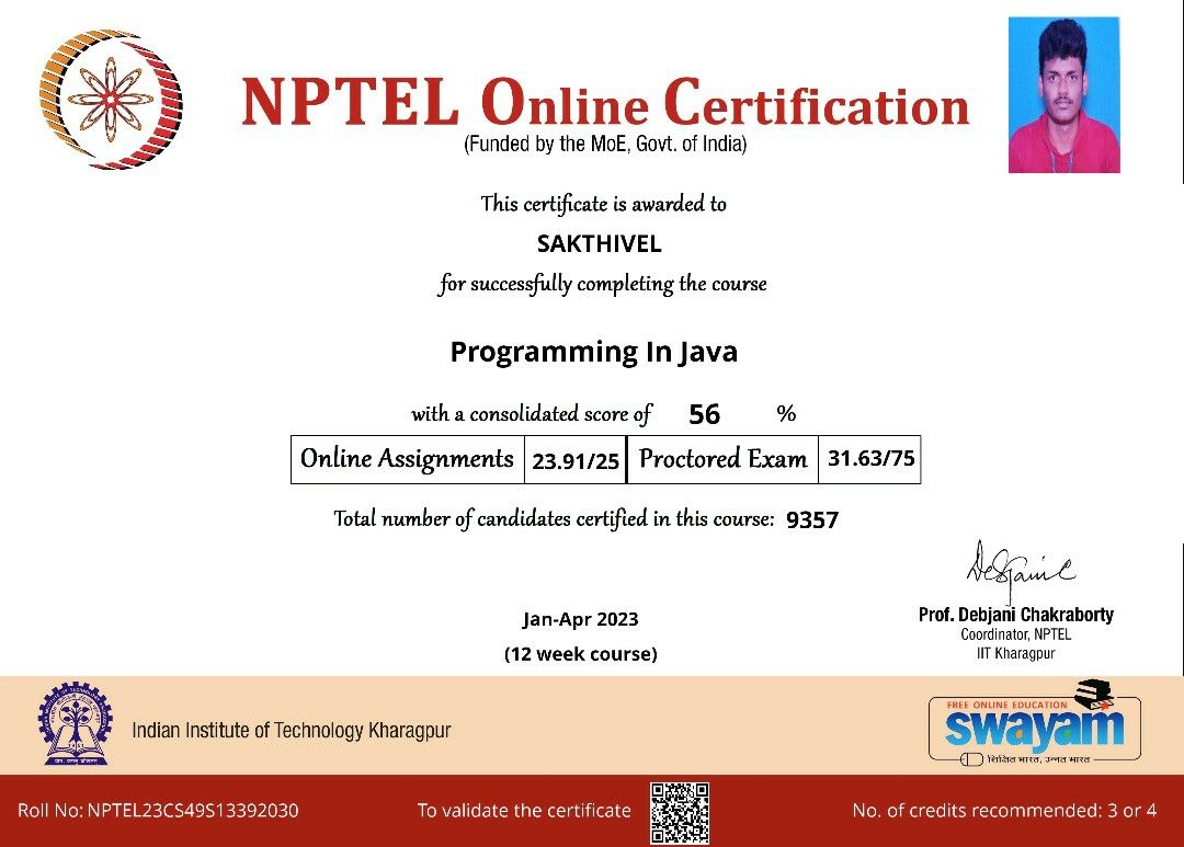 Sakthivel SM on LinkedIn: Programming in Java Certification NPTEL From IIT Sakthivel SM on LinkedIn: Programming in Java Certification NPTEL From IIT
