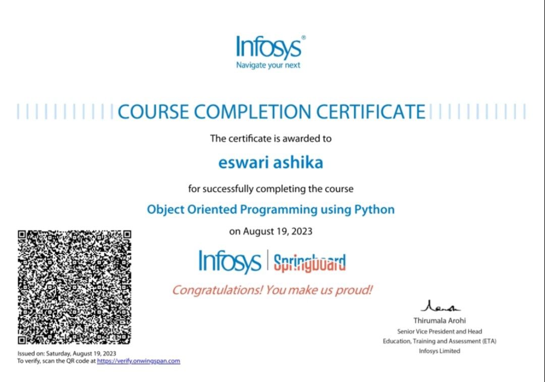 eswari ashika on LinkedIn: Infosys : object Oriented Programming Using ... eswari ashika on LinkedIn: Infosys : object Oriented Programming Using ...