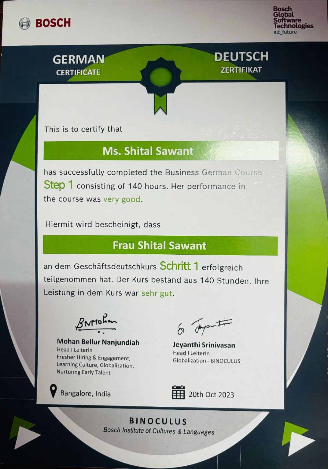 Successfully completed German language course Step 1 | Shital Sawant Successfully completed German language course Step 1 | Shital Sawant