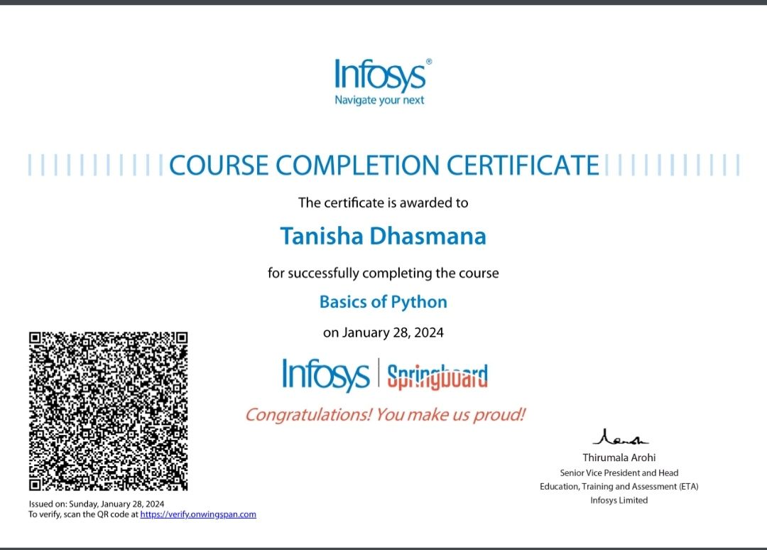 Finished Basic Python course with Infosys | Tanisha Dhasmana posted on ... Finished Basic Python course with Infosys | Tanisha Dhasmana posted on ...