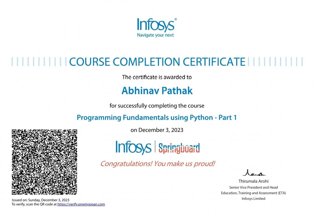 Finished Python course with Infosys Springboard! | Abhinav Pathak ... Finished Python course with Infosys Springboard! | Abhinav Pathak ...