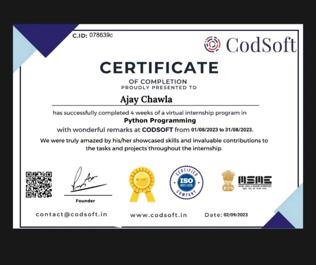 Ajay Chawla on LinkedIn: #codsoft #codsoftinternship #cpi Ajay Chawla on LinkedIn: #codsoft #codsoftinternship #cpi