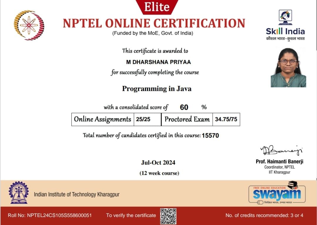 Dharshana Priyaa M on LinkedIn: #nptel #java Dharshana Priyaa M on LinkedIn: #nptel #java