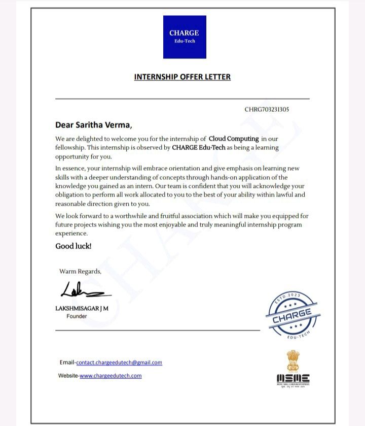 Saritha Verma on LinkedIn: #chargeedutech #cloudcomputing #internship # ... Saritha Verma on LinkedIn: #chargeedutech #cloudcomputing #internship # ...