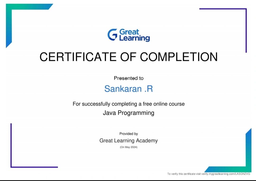 Completed Java programming certification course in Great Learning ... Completed Java programming certification course in Great Learning ...