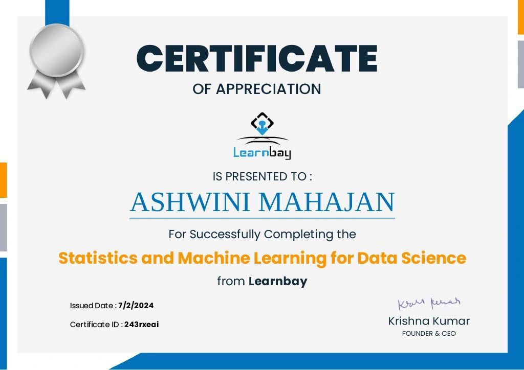 Completed Statistics and Machine Learning program | Ashwini Mahajan ... Completed Statistics and Machine Learning program | Ashwini Mahajan ...