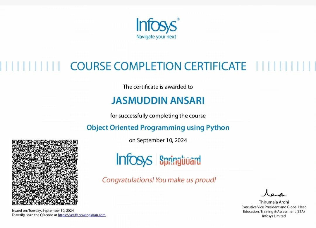 Completed Object Oriented Programming course with Infosys | Jasmuddin ... Completed Object Oriented Programming course with Infosys | Jasmuddin ...