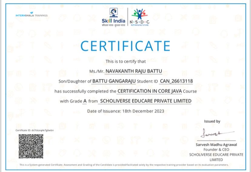 Completed Core Java course at SCHOLIVERSE EDUCARE | Navakanth Raju ... Completed Core Java course at SCHOLIVERSE EDUCARE | Navakanth Raju ...