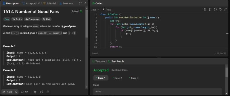 Resolved Number of Good Pairs problem on LeetCode | Udaykamal ... Resolved Number of Good Pairs problem on LeetCode | Udaykamal ...