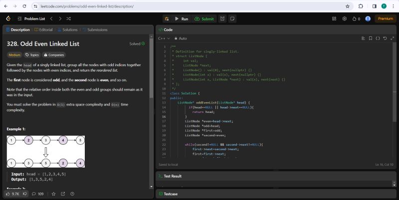 Day 59 of #100daysofcode challenge: Odd Even Linked List | Tamanna ... Day 59 of #100daysofcode challenge: Odd Even Linked List | Tamanna ...