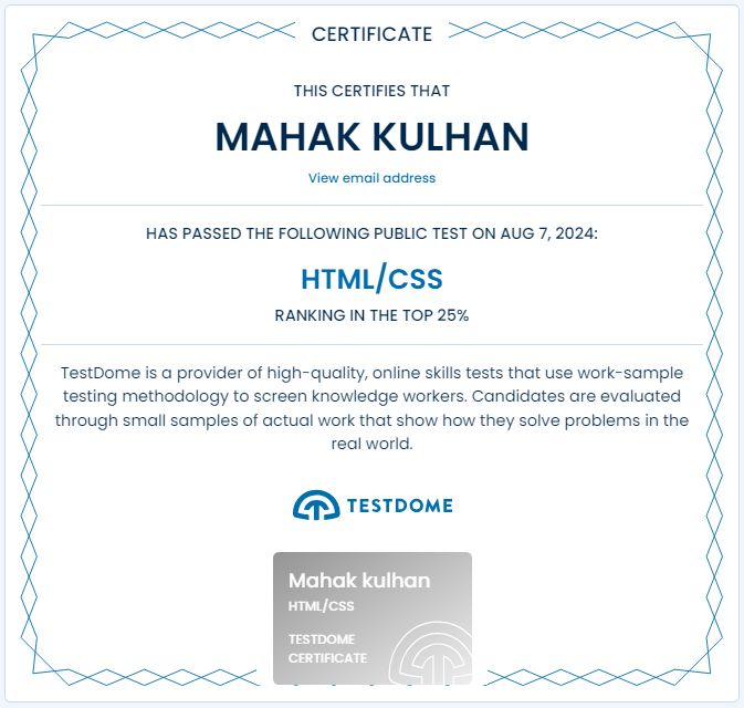 Mahak kulhan on LinkedIn: #testdome #html #css #certification Mahak kulhan on LinkedIn: #testdome #html #css #certification