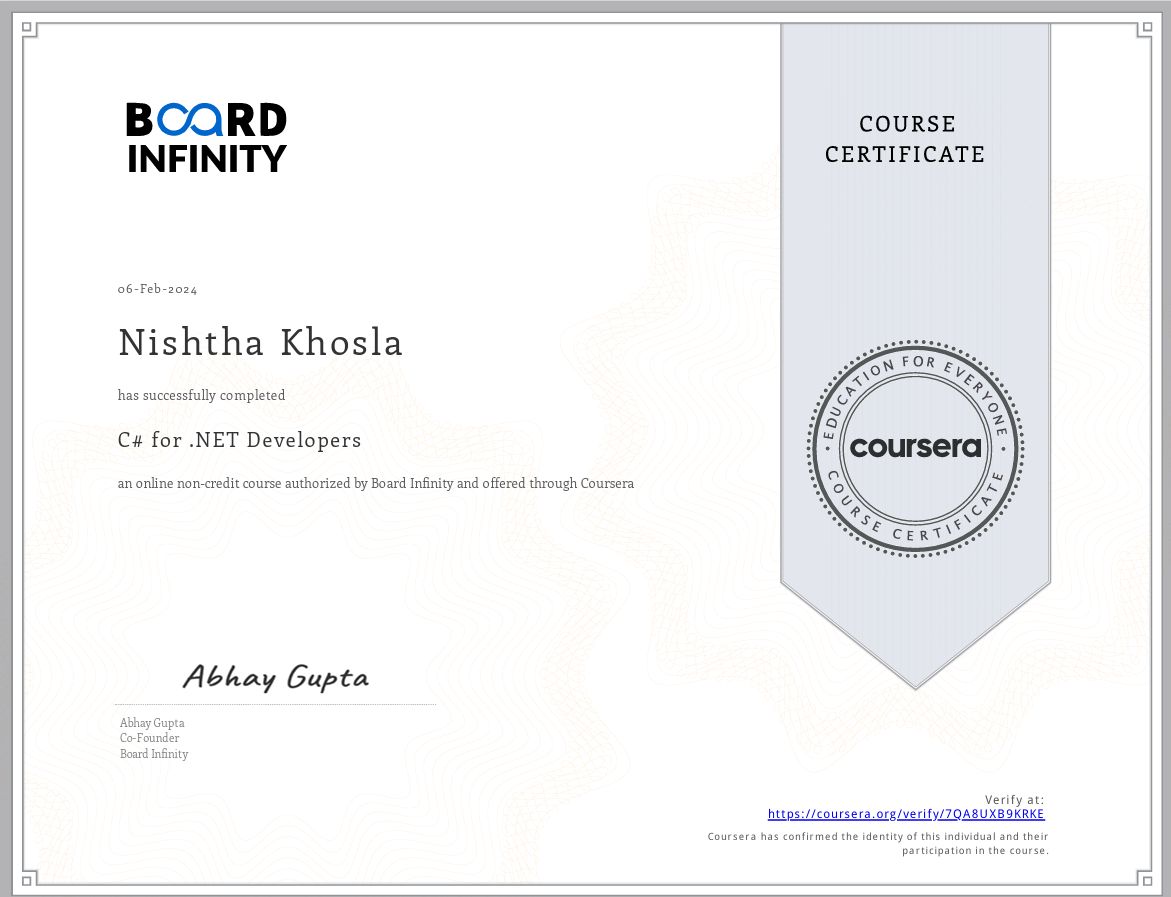 Nishtha Khosla on LinkedIn: #csharp #dotnet #coursera #certification # ... Nishtha Khosla on LinkedIn: #csharp #dotnet #coursera #certification # ...