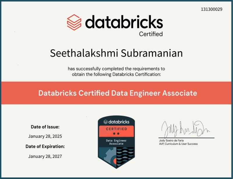 Seethalakshmi Subramanian on LinkedIn: Databricks Certification Earned. Seethalakshmi Subramanian on LinkedIn: Databricks Certification Earned.