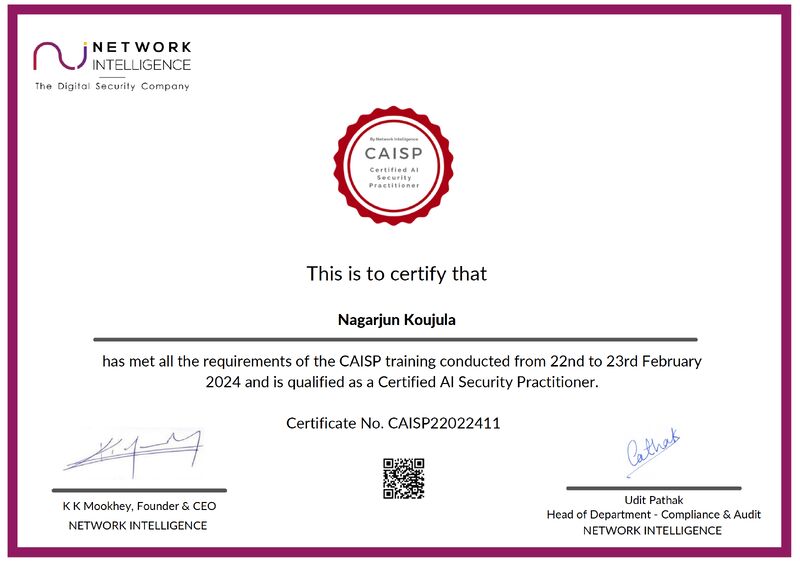 Nagarjun K. on LinkedIn: Leveled up with CAISP (Certified AI Security ... Nagarjun K. on LinkedIn: Leveled up with CAISP (Certified AI Security ...