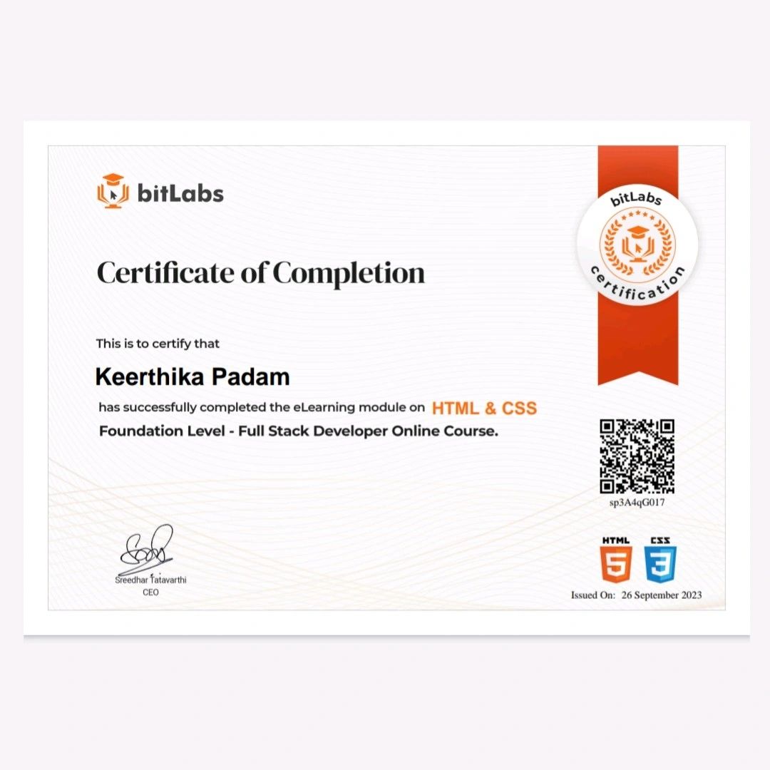 Earned a #html&css certification with Bitlabs | Keerthika Padam posted ... Earned a #html&css certification with Bitlabs | Keerthika Padam posted ...