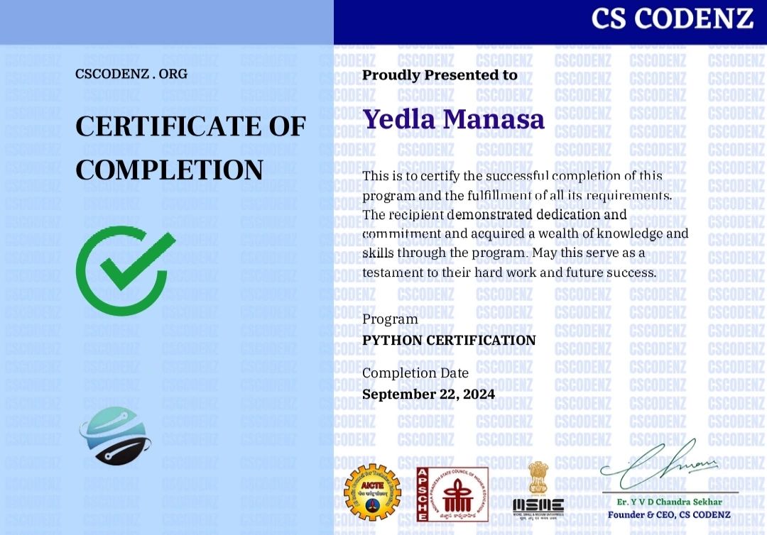 Yadla Manasa on LinkedIn: #python #internship #programming Yadla Manasa on LinkedIn: #python #internship #programming