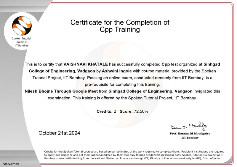 Vaishnavi Khatale on LinkedIn: #cpp #programming #coding #certification Vaishnavi Khatale on LinkedIn: #cpp #programming #coding #certification