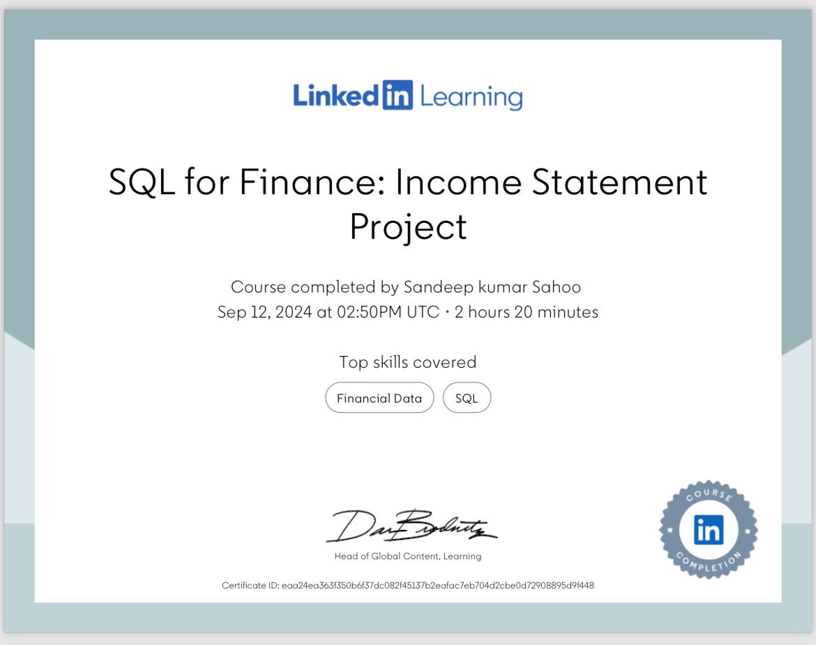 Completed SQL for Finance course on LinkedIn Learning | Sandeep kumar ... Completed SQL for Finance course on LinkedIn Learning | Sandeep kumar ...