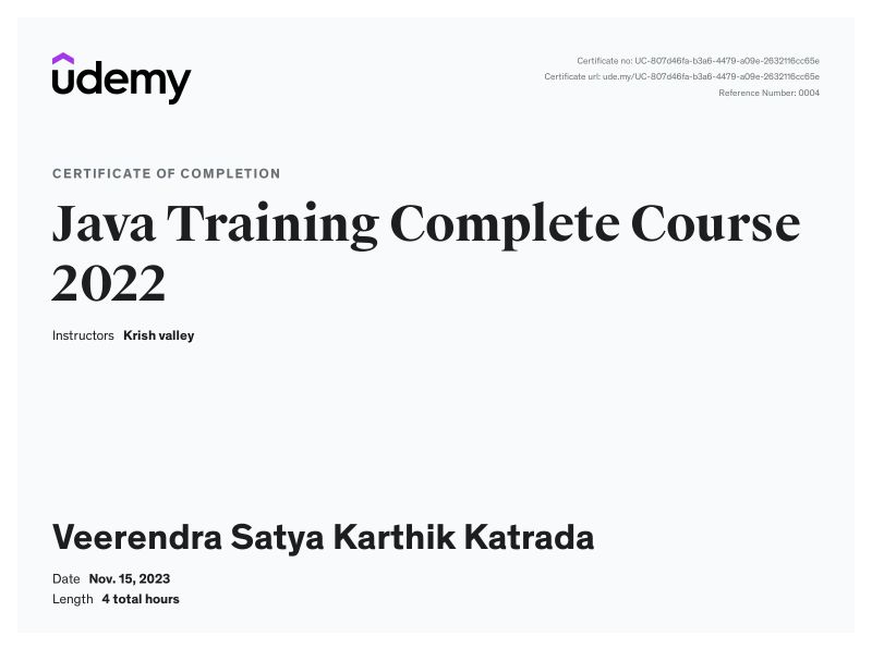 Received Java completion certificate from Udemy | Satya Karthik posted ... Received Java completion certificate from Udemy | Satya Karthik posted ...