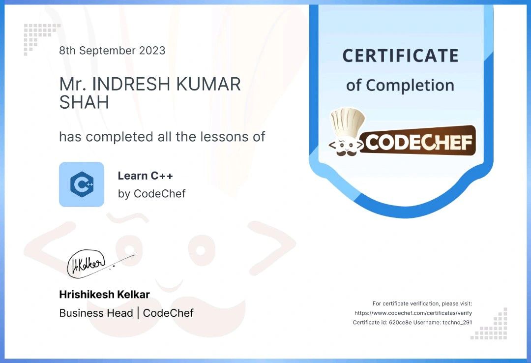#codechef #codechef #certificate | INDRESH KUMAR SHAH #codechef #codechef #certificate | INDRESH KUMAR SHAH