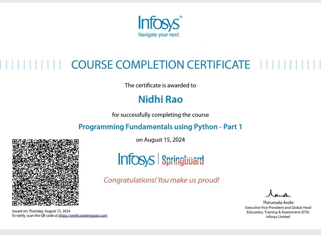 Nidhi Rao on LinkedIn: Achieved certification in Python programming ... Nidhi Rao on LinkedIn: Achieved certification in Python programming ...