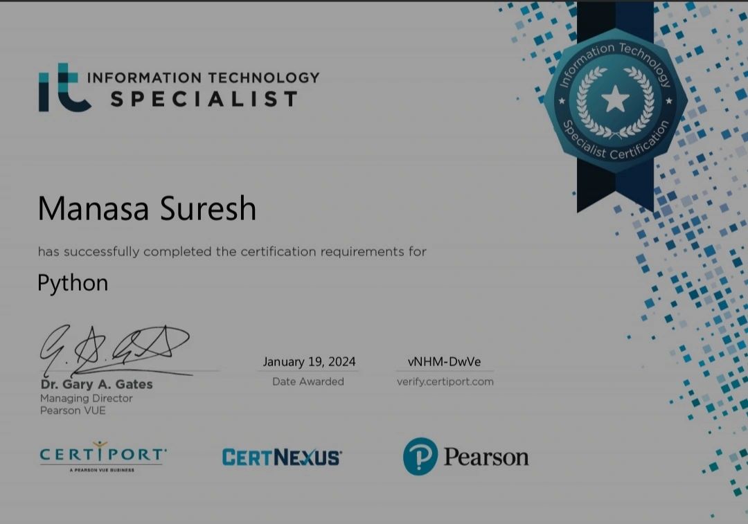 Manasa Suresh on LinkedIn: #python #certiport #programming # ... Manasa Suresh on LinkedIn: #python #certiport #programming # ...