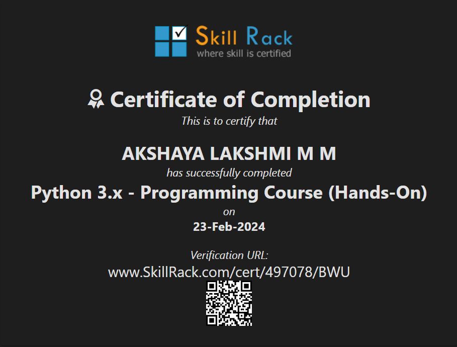Completed Python 3.x course with Skillrack | AKSHAYA LAKSHMI M M posted ... Completed Python 3.x course with Skillrack | AKSHAYA LAKSHMI M M posted ...